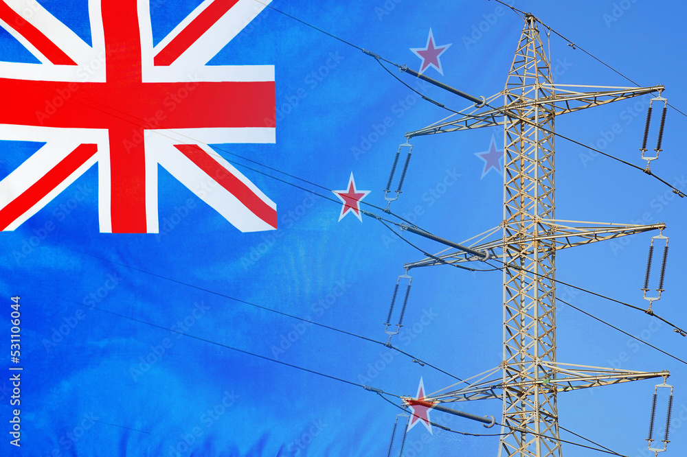 New Zealand flag on electric pole background. Power shortage and increased energy consumption in ...