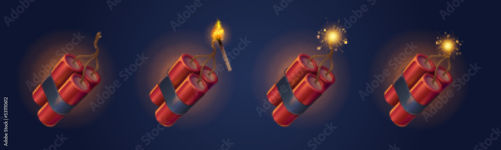 Dynamite sticks with burning fuse and match. Explosive military or ...