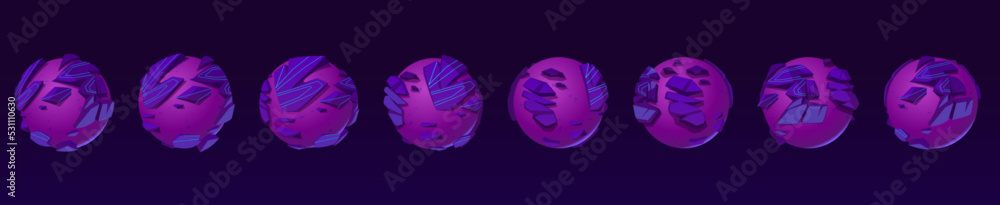 Purple planet turnaround animation, violet globe with rocky surface ...