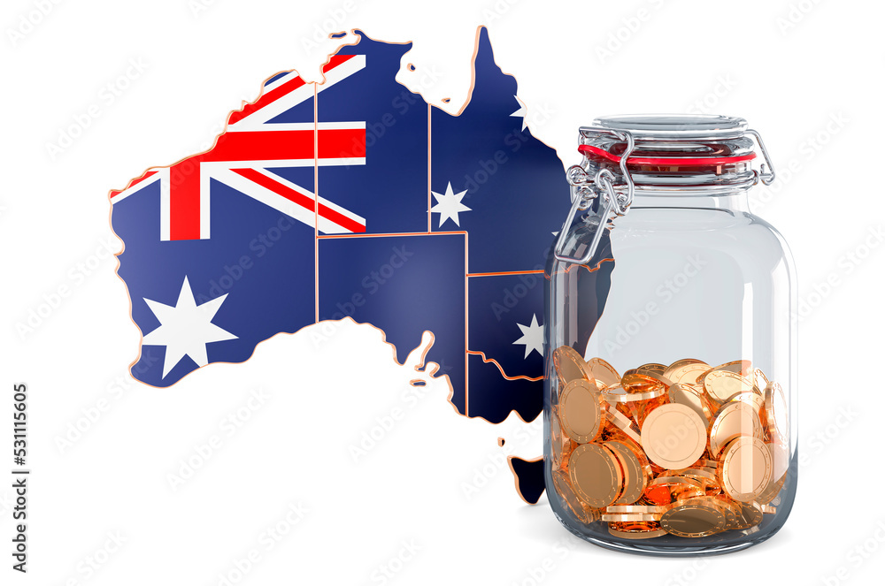Australian map with glass jar full of golden coins, 3D rendering Stock ...