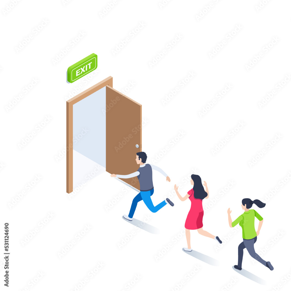 isometric vector illustration on a white background, an exit sign over ...