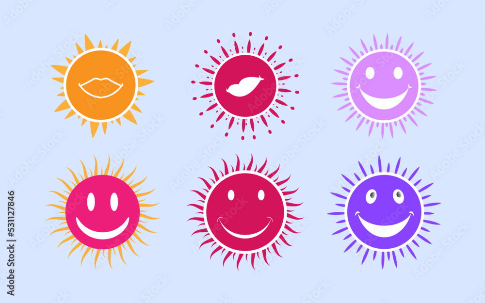 cute sun smile,Isolated funny smileys vector icons. Sunshine and sunny ...