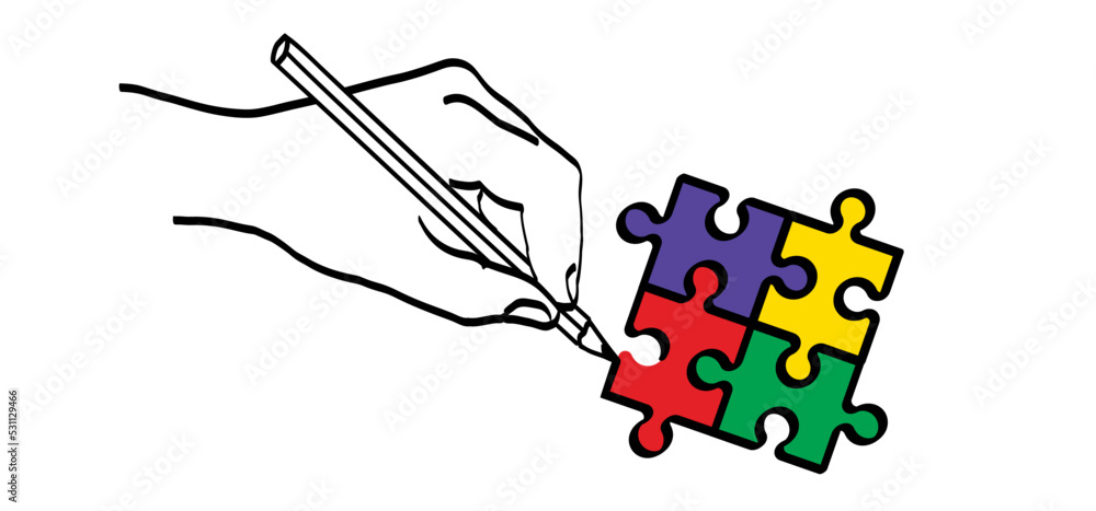 Head, face and jigsaw puzzle pieces. Cartoon autism ribbon. Vector ...