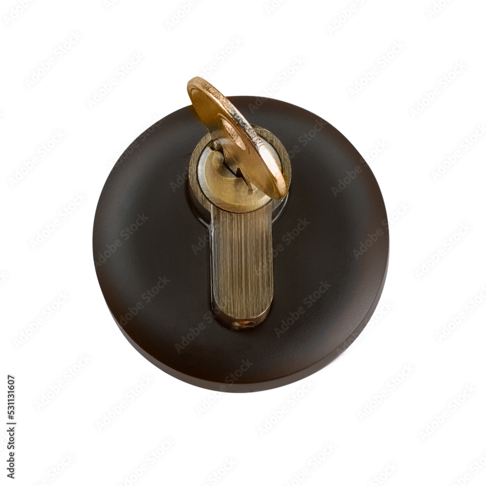 Golden key inserted into the keyhole isolated with clipping path Stock ...