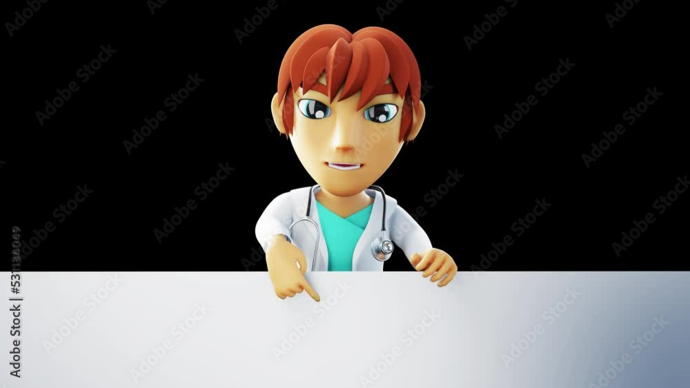 3D render of Animated doctor model pointing at a white sign below with ...
