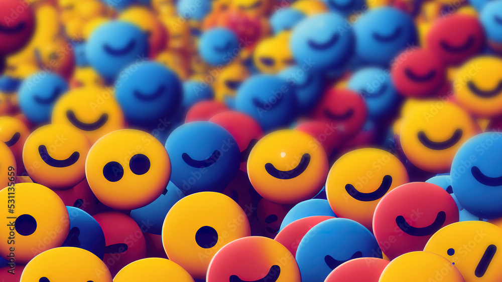 3 D render. Many yellow, blue and red balls with smiling faces. Stock ...
