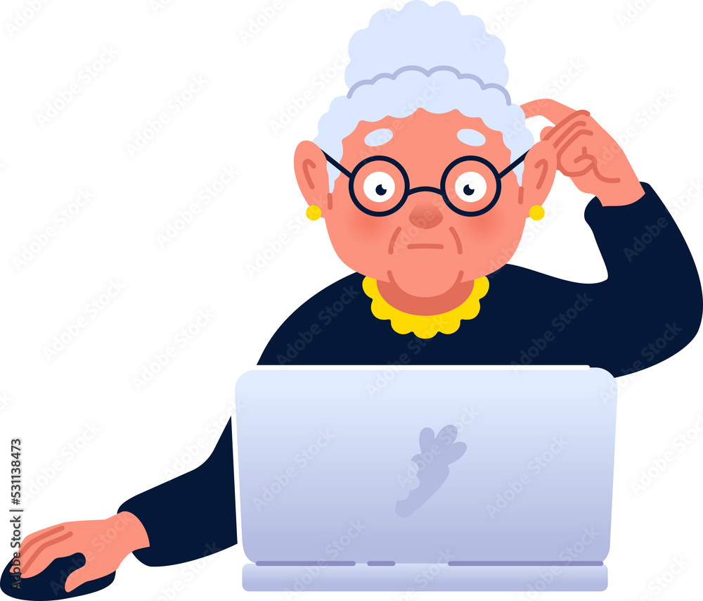 Cute grandmother working on computer laptop. Old woman with question ...