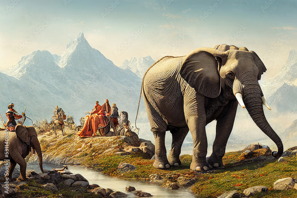 Illustration of Hannibal crossing the alps with elephants to the north ...
