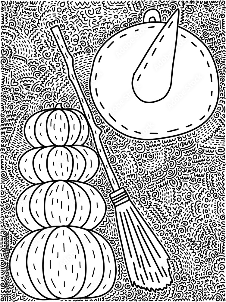 Doodle Halloween coloring page with witch hat, pumpkins and broom ...