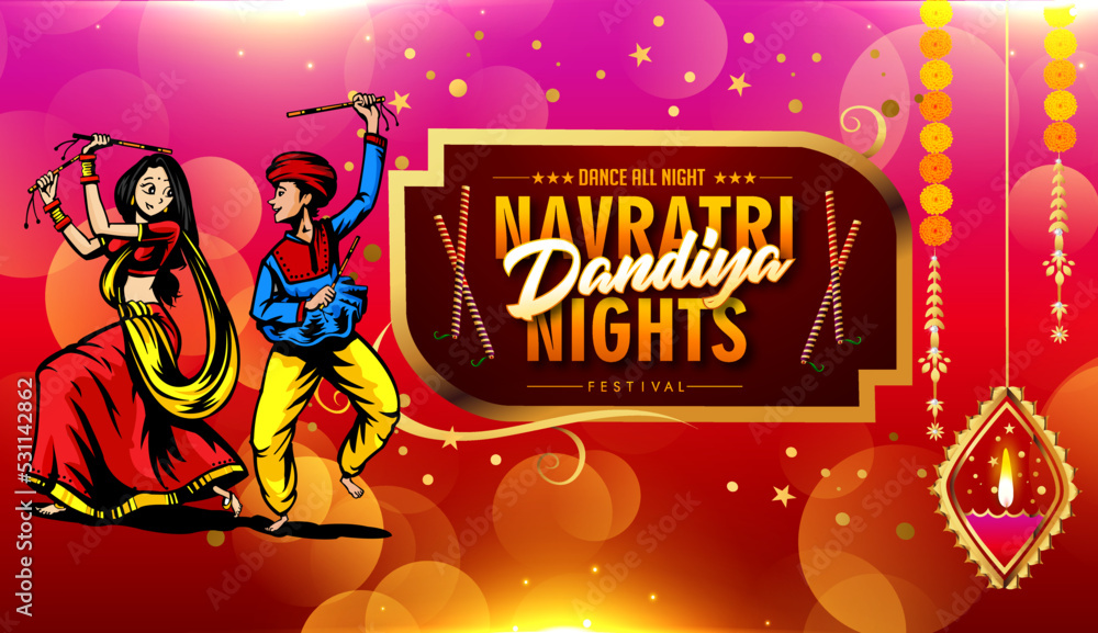 Vector design of Indian couple playing Garba in Dandiya Night Navratri ...