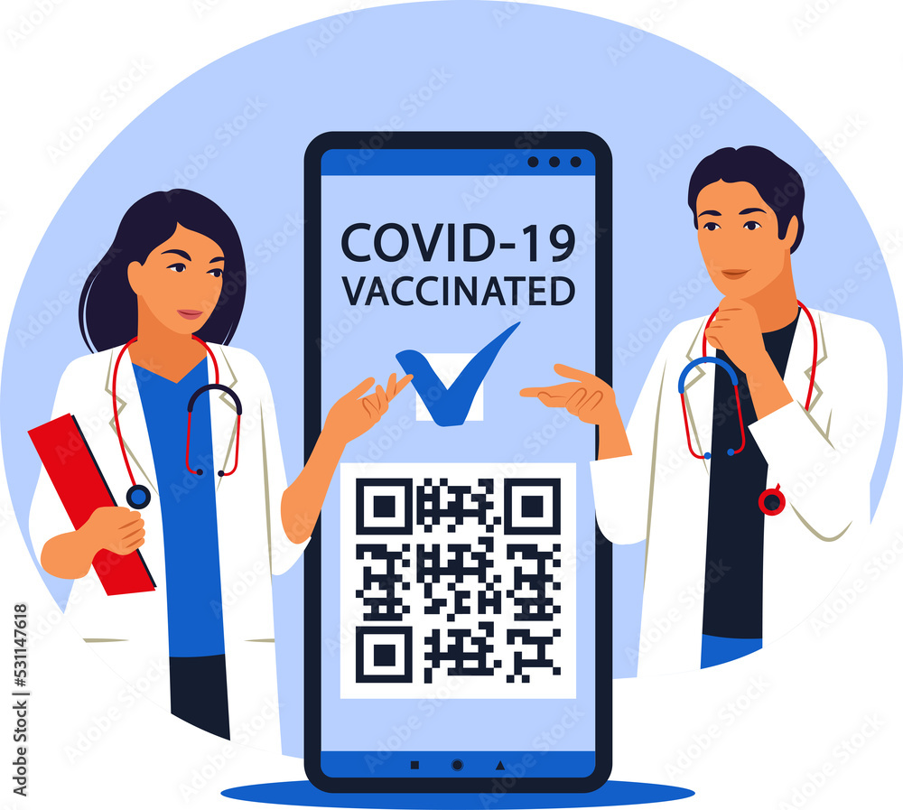 Certificate of vaccination on mobile phone screen with qr-code and pass ...