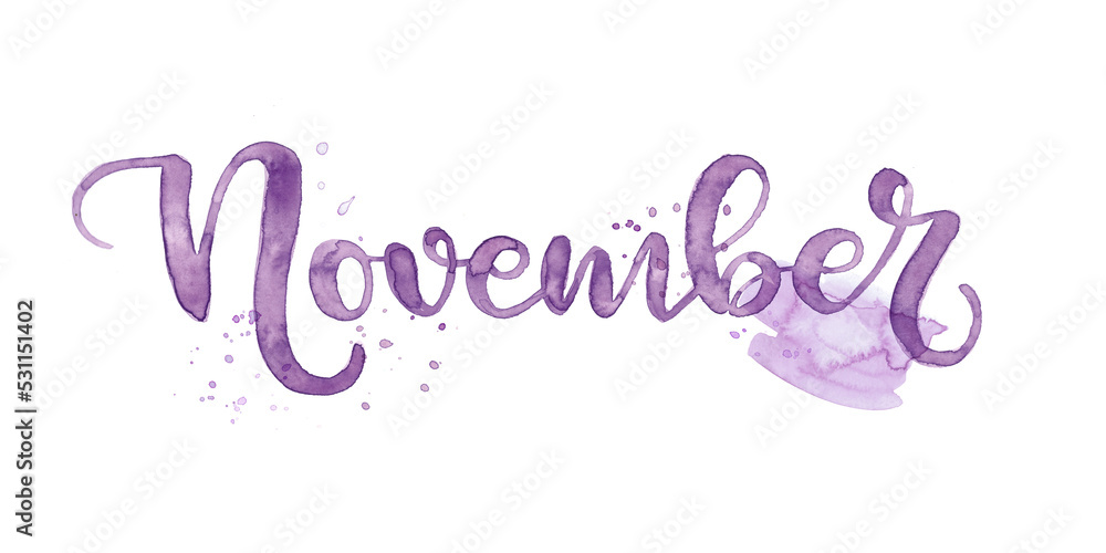 November month of the year in watercolor with splash letters and brush ...