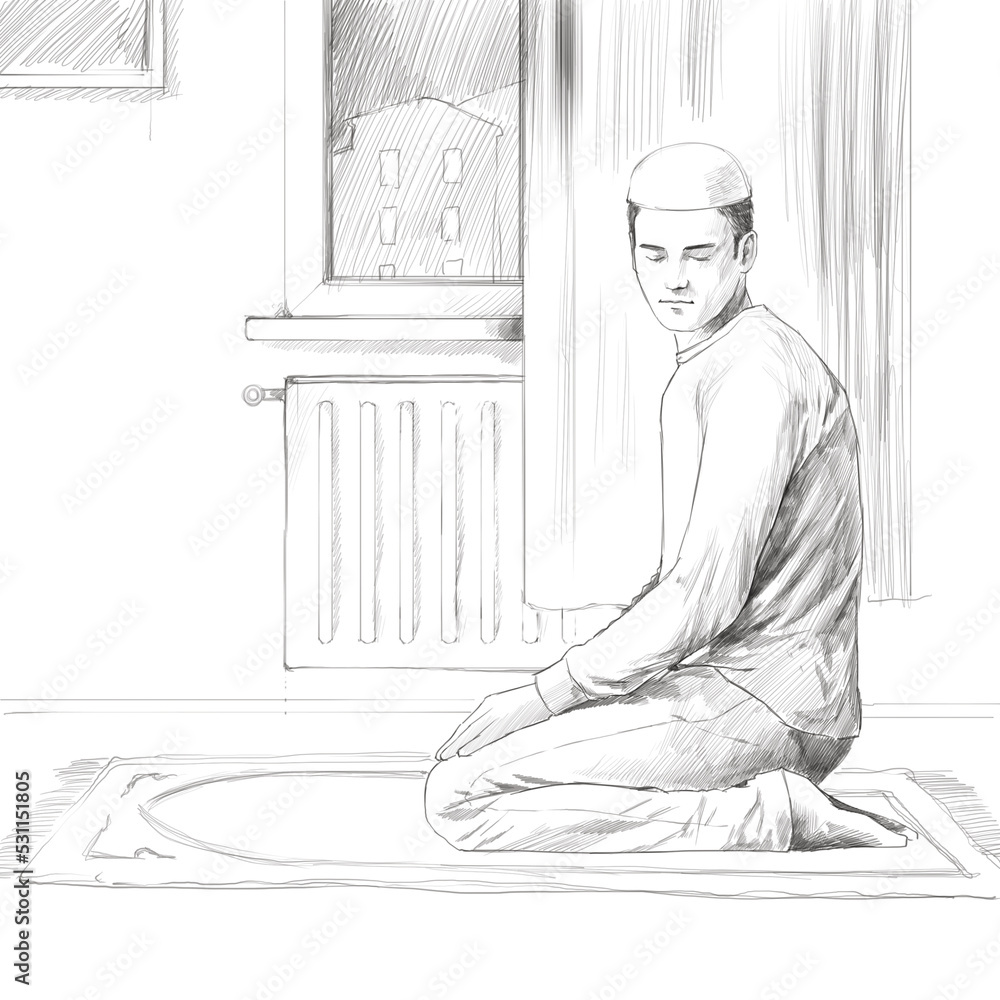 Muslim teenager praying at home. young muslim finishing his prayer and ...