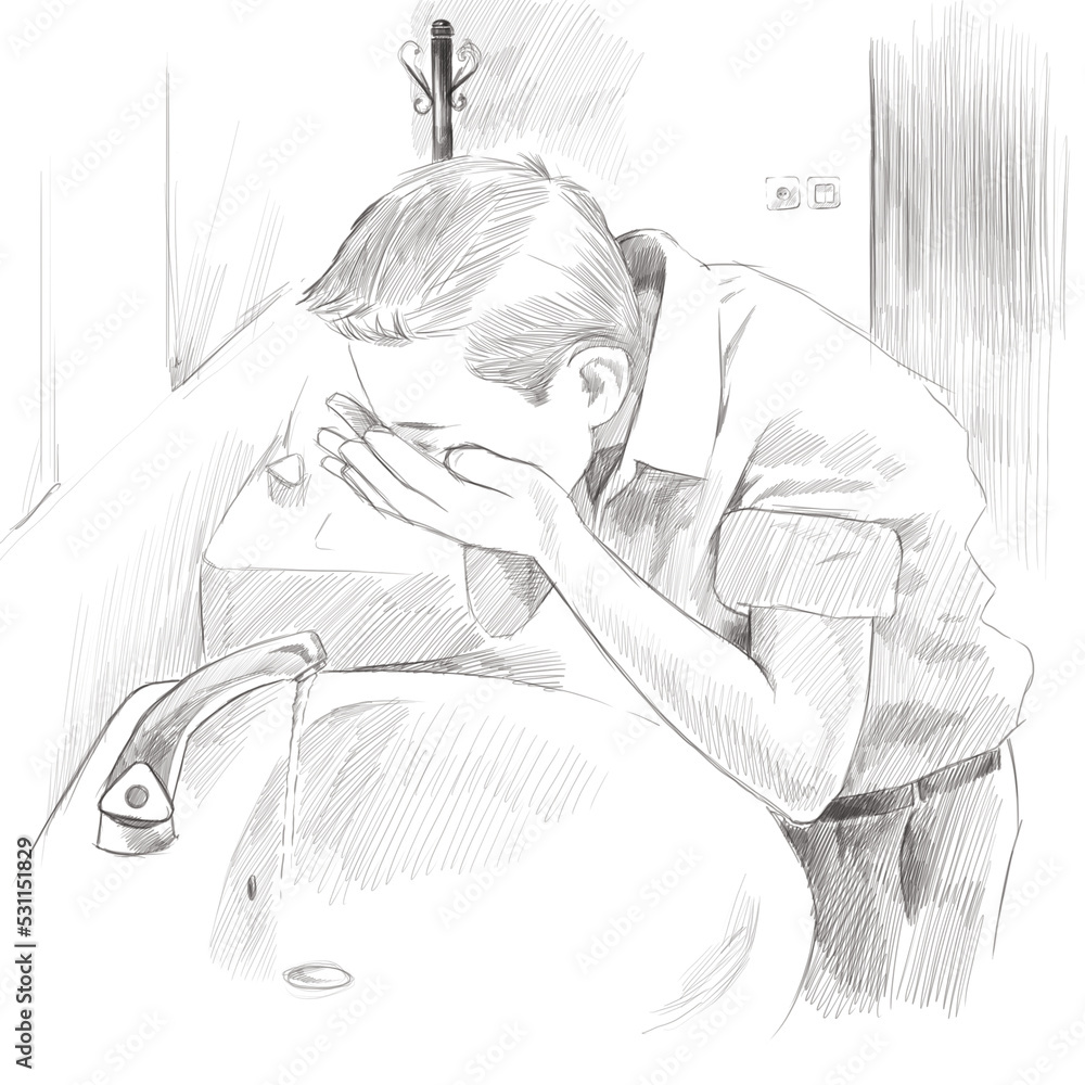 Muslim boy is performing ablution in the sink. Charcoal Drawing. Pencil ...