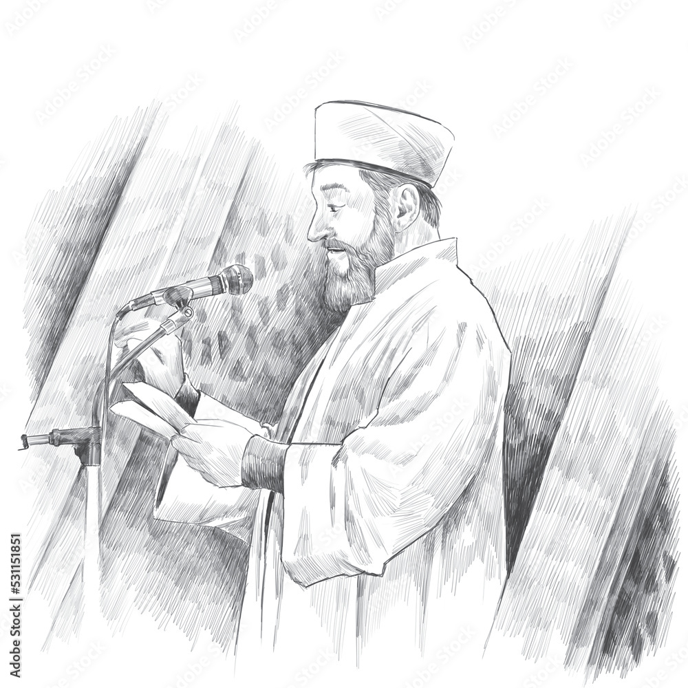 Imam speaks in the sermon. Imam warns Muslims. Imam talks about Islam ...