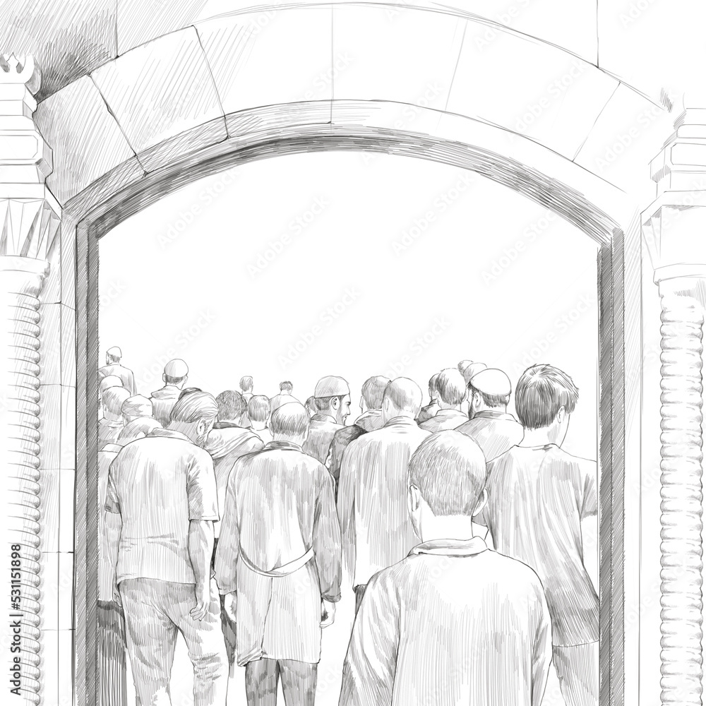 Muslims praying in congregation in the mosque. pencil drawing. Friday ...