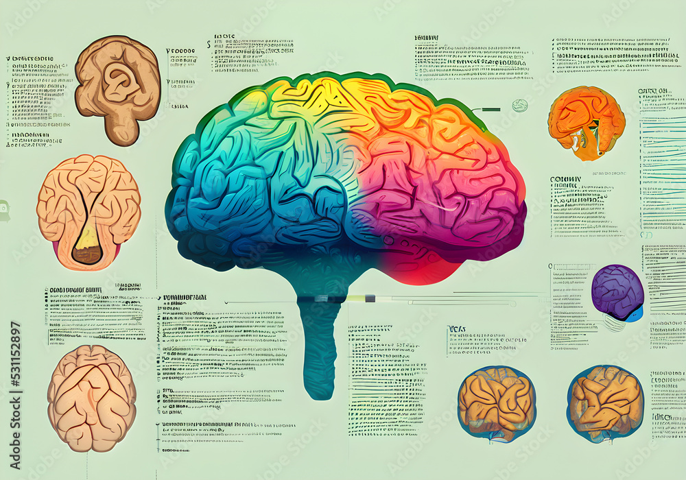 Brain Illustration, colorful, infographic, science poster, analytic art ...