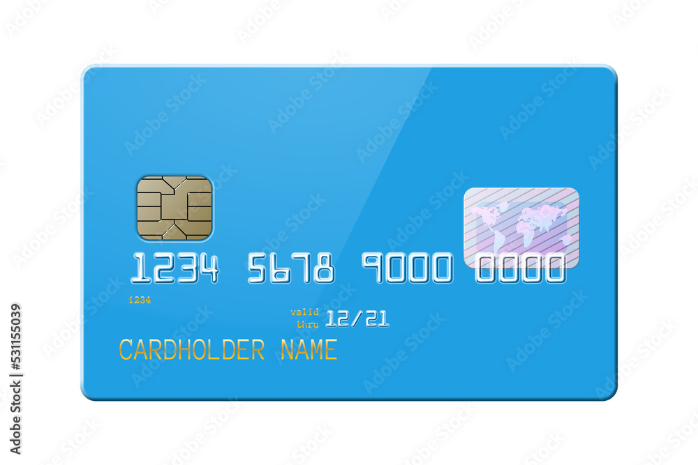 Highly detailed realistic blue glossy credit card. Front side mockup ...