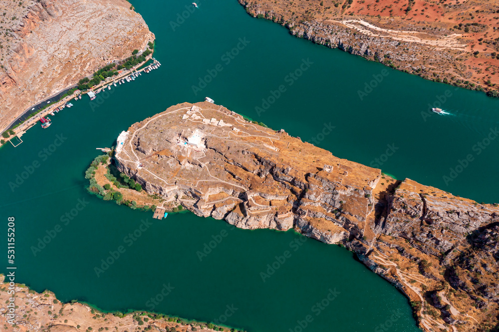 Aerial view of Rumkale castle, top view of ancient roman castle with ...