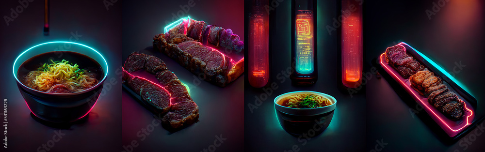 Neon futuristic food, cyberpunk, glowing lights. collection Stock ...