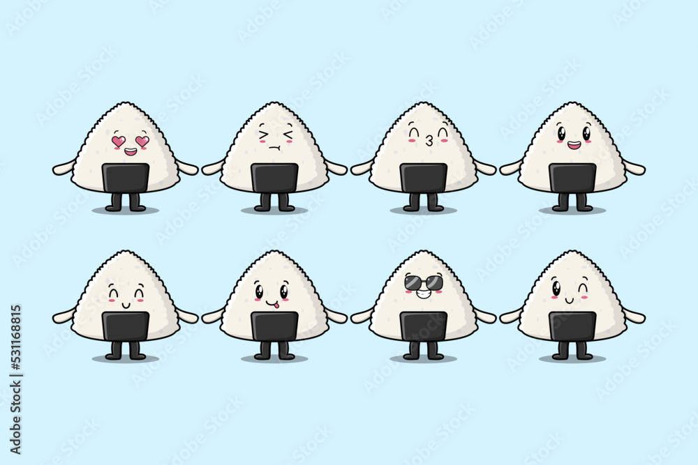 Set kawaii Rice japanese sushi cartoon character with different ...