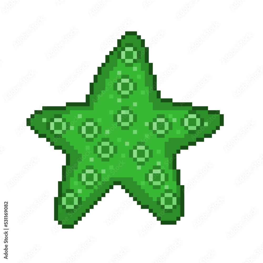 An 8-bit retro-styled pixel-art illustration of a green starfish. Stock ...