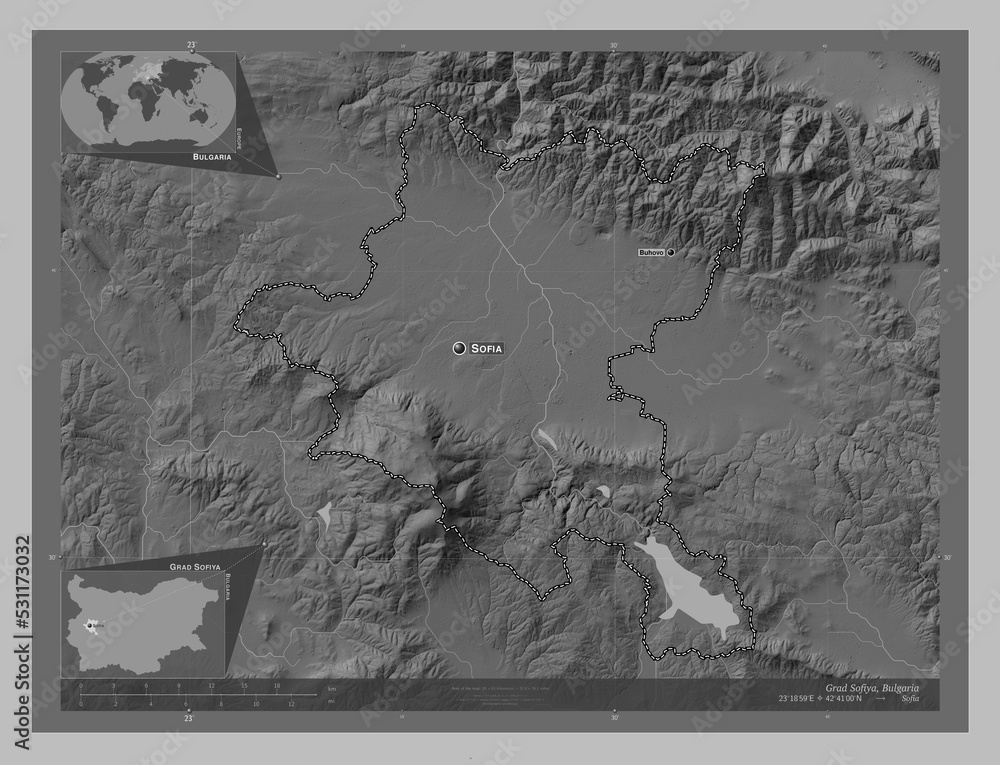 Grad Sofiya, Bulgaria. Grayscale. Labelled points of cities Stock ...