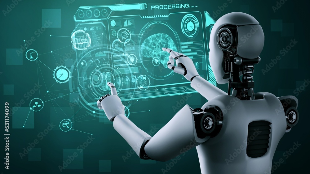 AI hominoid robot touching virtual hologram screen showing concept of ...