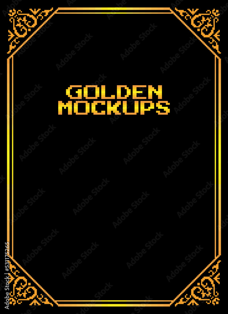 8 bit pixel golden frame. border text gold for game assets in vector ...