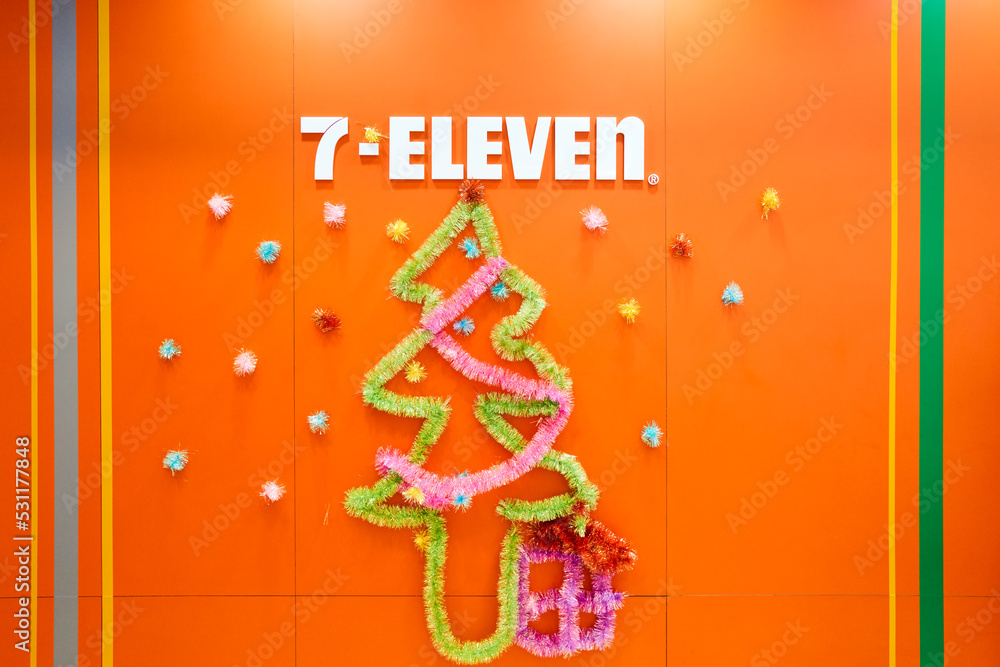 HONG KONG - CIRCA DECEMBER, 2015: 7-Eleven sign on a wall. 7-Eleven (7 ...