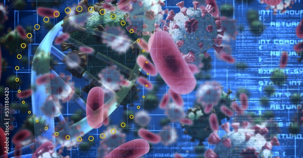 Red cells over DNA strain and data processing and coronavirus Covid19 pandemic Stock-Foto ...
