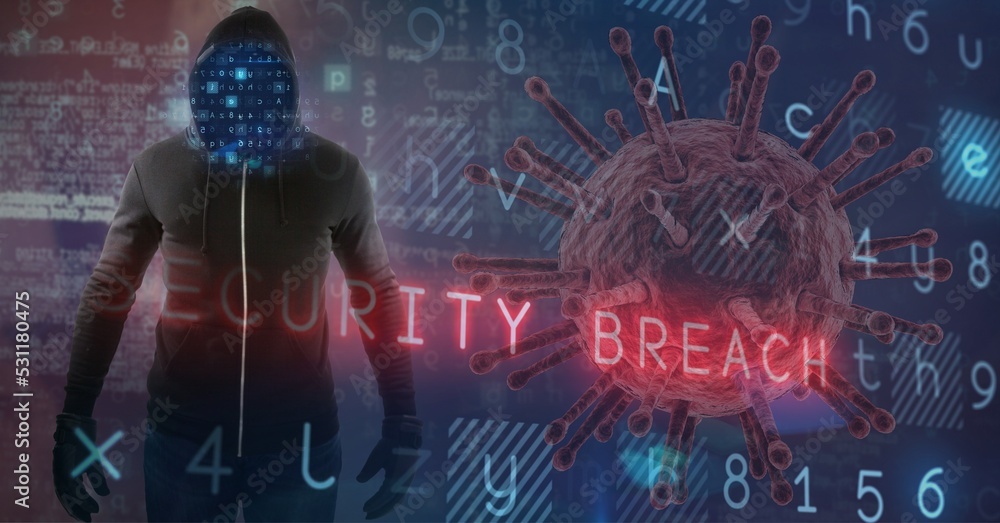 Hacker during coronavirus covid19 pandemic with words security breach ...