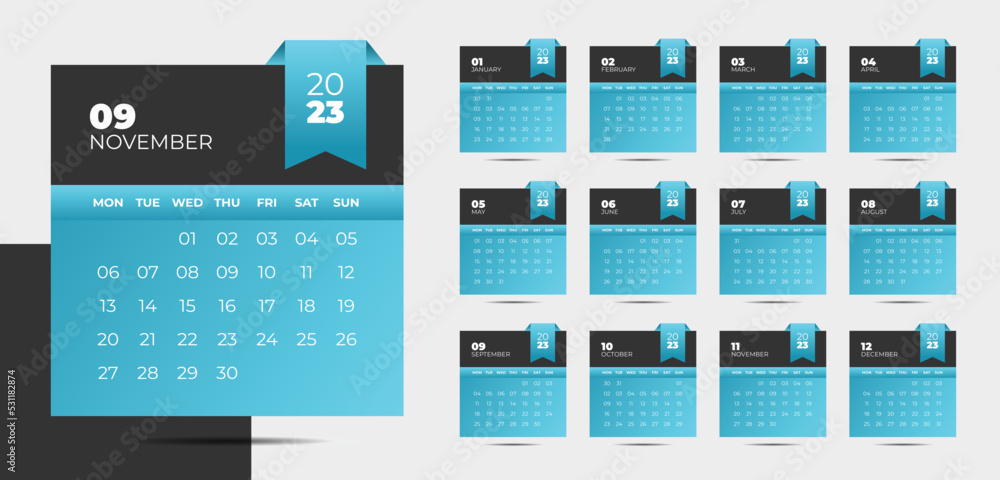 2023 calendar planner design template vector week start Monday. Stock ...