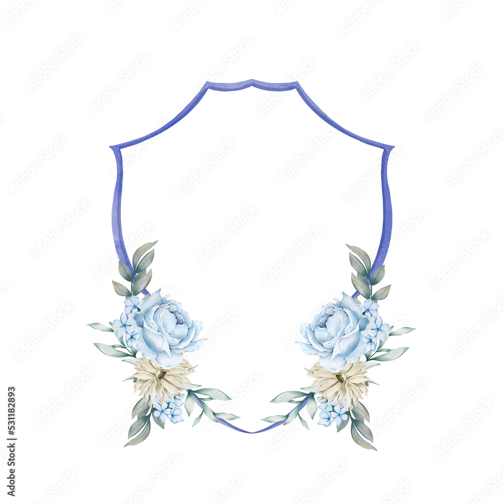 Watercolor crest floral frame Hand drawn template. Blue and white ...
