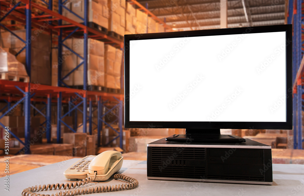 Computer Blank Screen on Table in Storage Warehouse Space. Warehouse ...