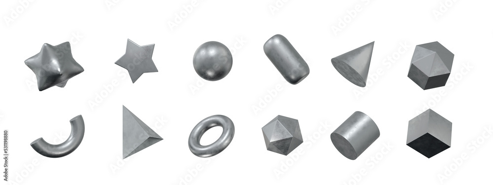 3d set metal shapes: square, cylinder, sphere, pyramid, torus, star ...