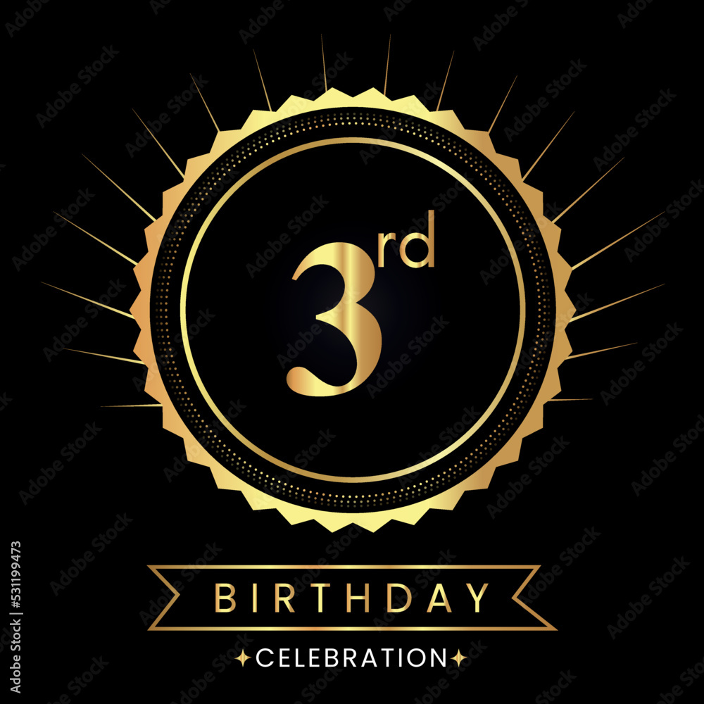 Happy 3rd birthday with gold badges isolated on black background ...