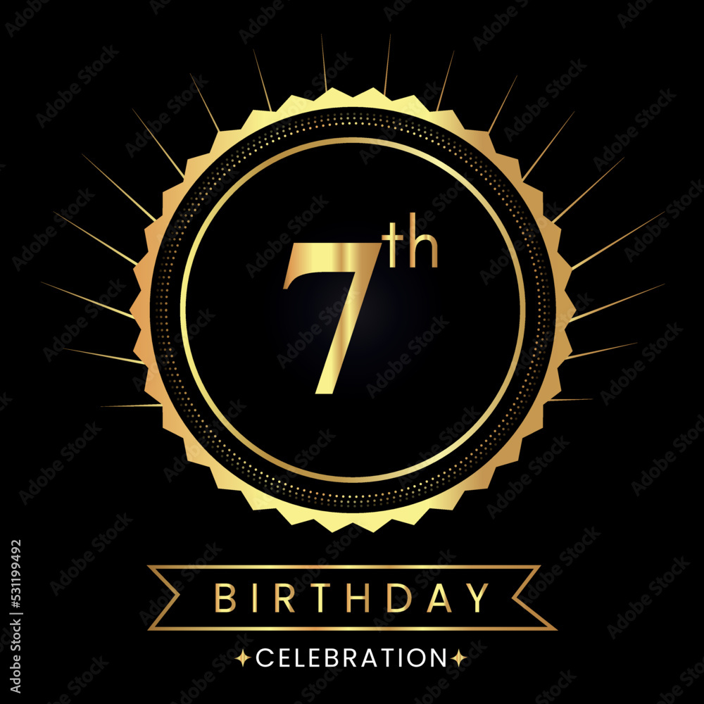 Happy 7th birthday with gold badges isolated on black background ...