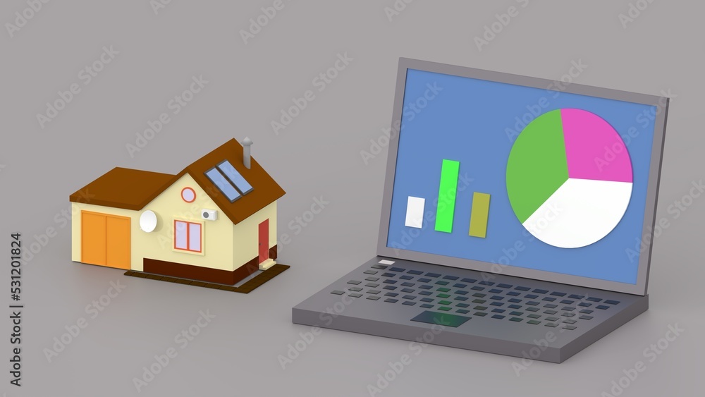 Laptop with chart and diagram on a grey background and small house with ...