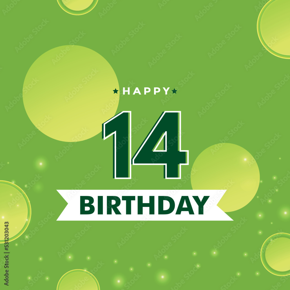 14th Birthday celebration with yellow-green circle isolated on green ...
