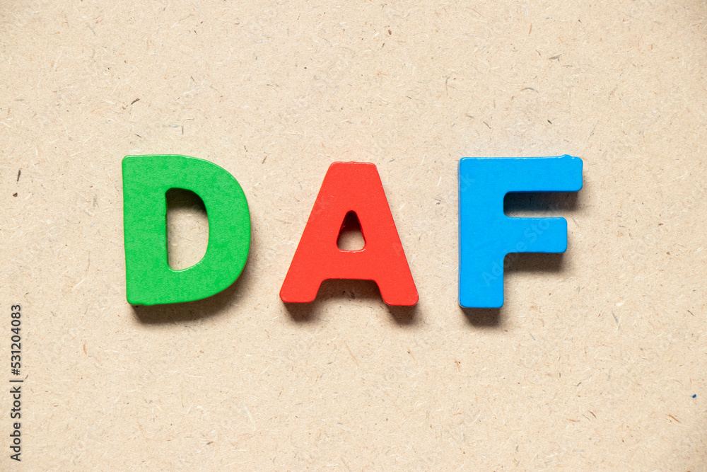 Color alphabet letter in word DAF (Abbreviation of Delivered at ...