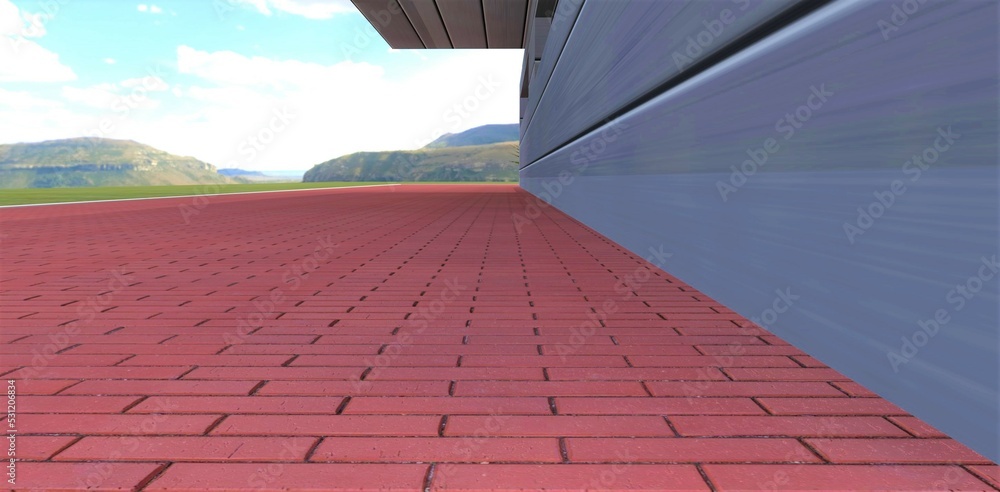 Combination of red brick paving stones and a facade made of composite ...