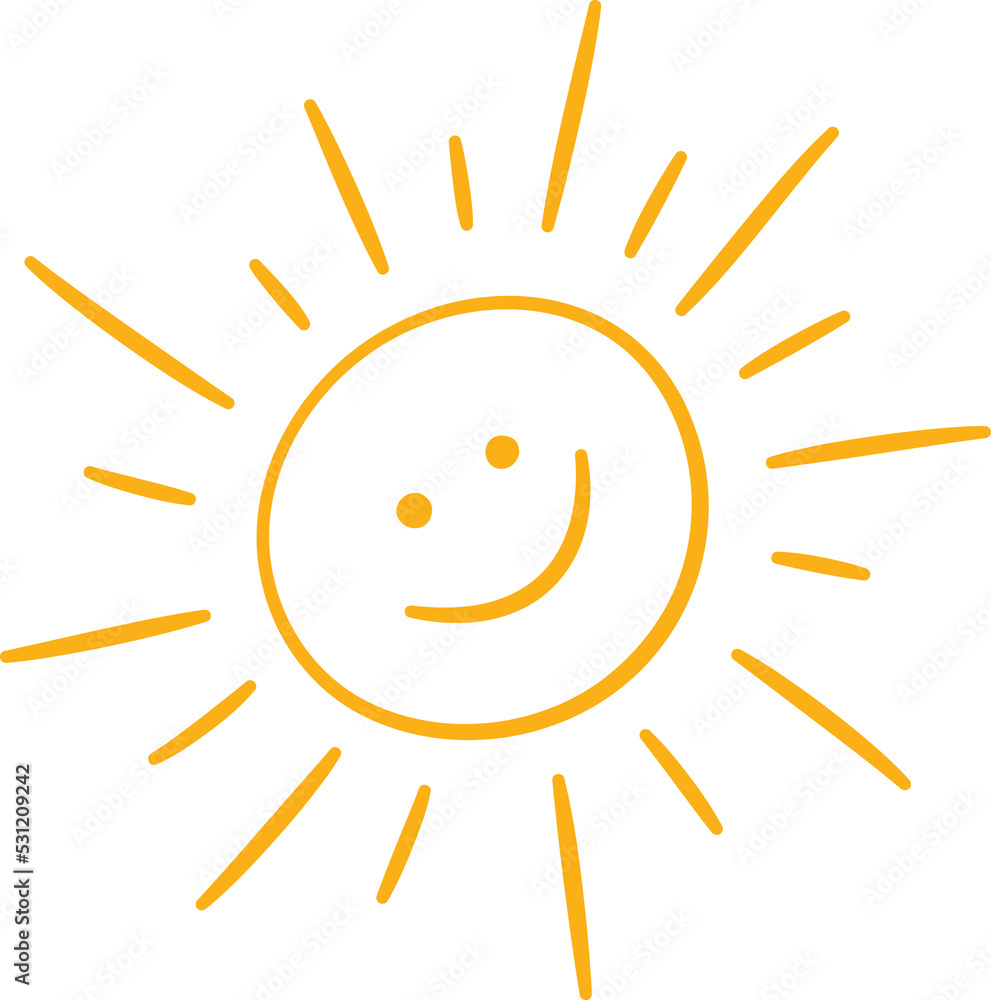 Doodle childish sun icon. Scribble yellow sun with rays and smile ...