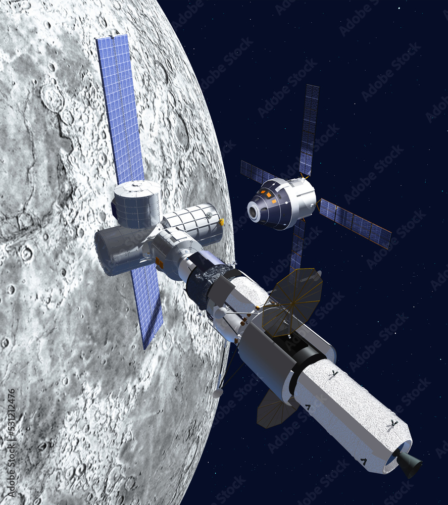 the orion spacecraft arrives at the gateway station in orbit of the ...