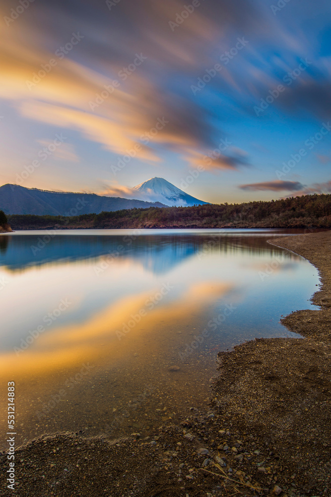 Mt Fuji view across Saiko Lake and Aokigahara Jukai forest, Fuji-Hakone ...