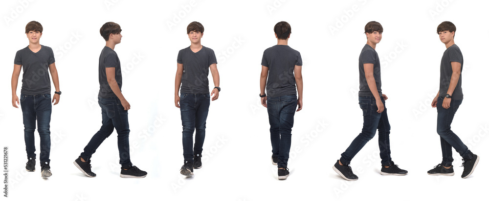 front, back and side view of same teenager boy walking on white ...