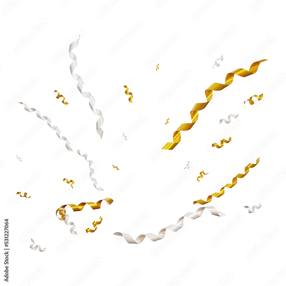 Gold silver confetti and ribbon background, isolated on transparent ...