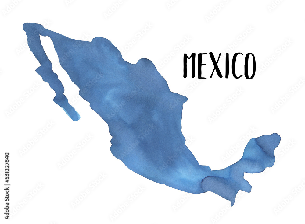 Watercolour illustration of Mexico Map shape in sky blue color. Cut out ...