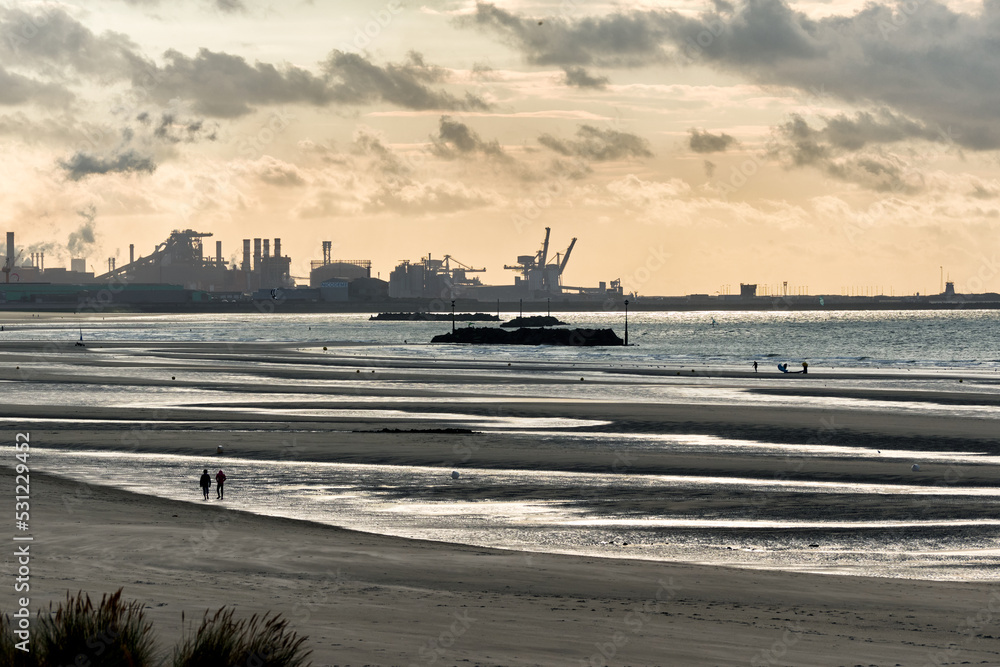 low tide and a steelworks in silhouette and port with loading cranes ...