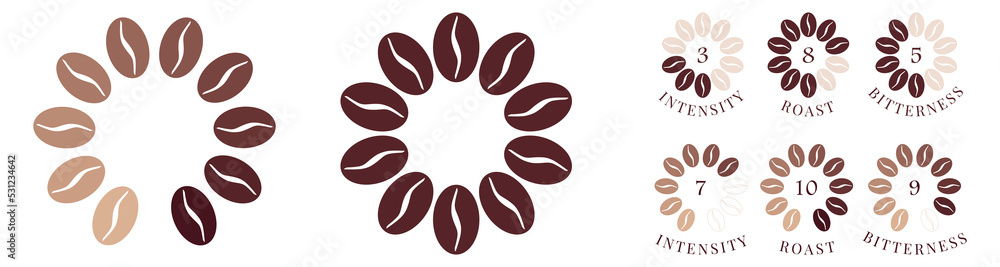Coffee strength circular or round scale, different colour beans to show ...